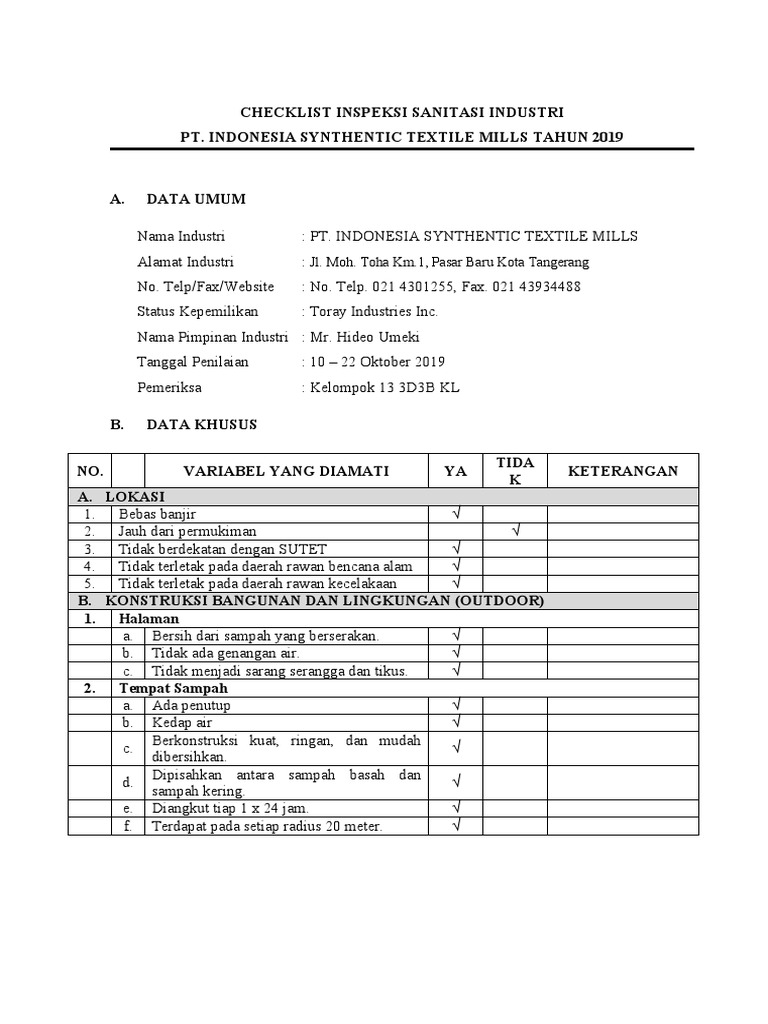 Checklist Inspeksi Sanitasi Industri | PDF