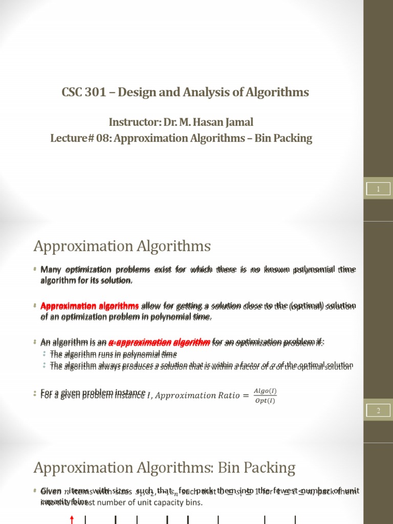 Csc 301 Design And Analysis Of Algorithms Lecture On Approximation Algorithms For Bin Packing