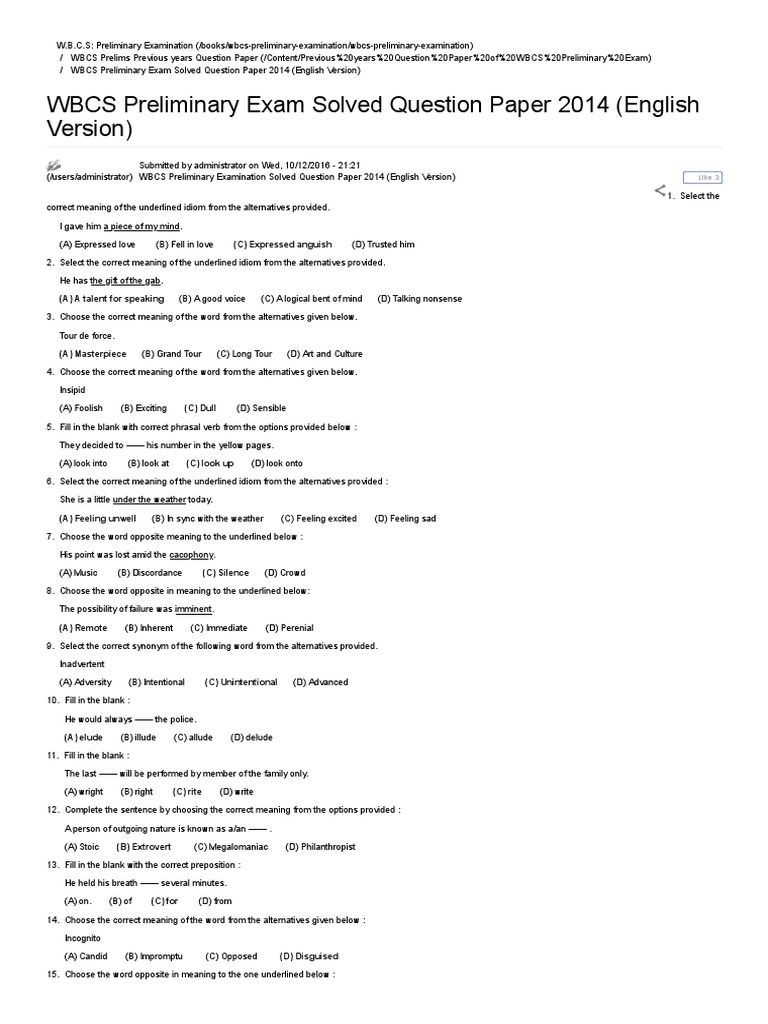 WBCS Preliminary Exam Solved Question Paper 2014 (English Version ...