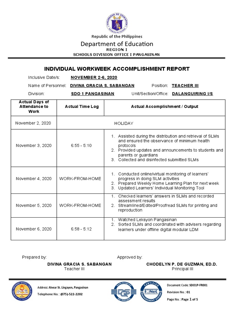 Department of Education: Individual Workweek Accomplishment Report ...
