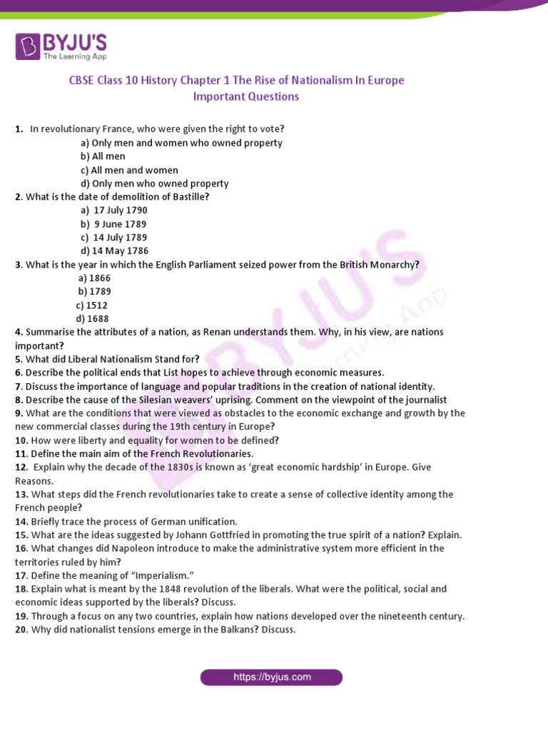 CBSE Class 10 History Chapter 1 The Rise of Nationalism in Europe Important Questions | PDF