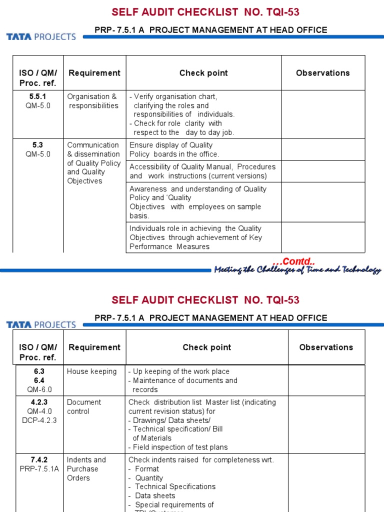 Self Audit Checklist Presentation | PDF | Audit | Project Management