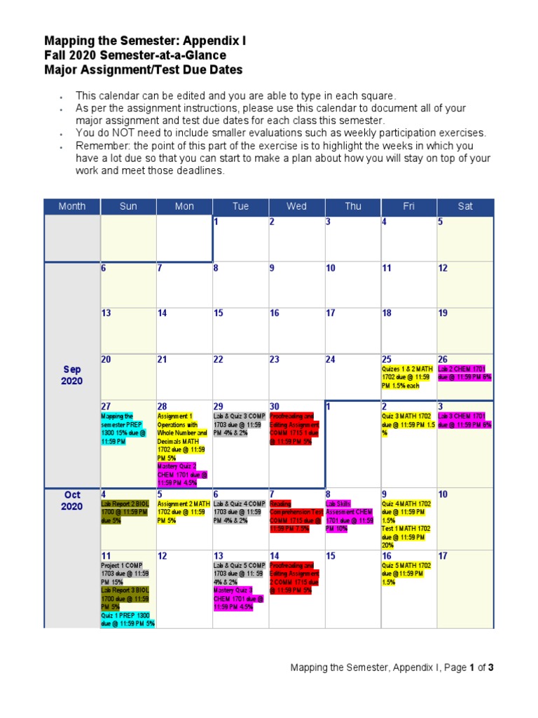 Mapping The Semester - Appendix I - Fillable Fall 2020 Calendar