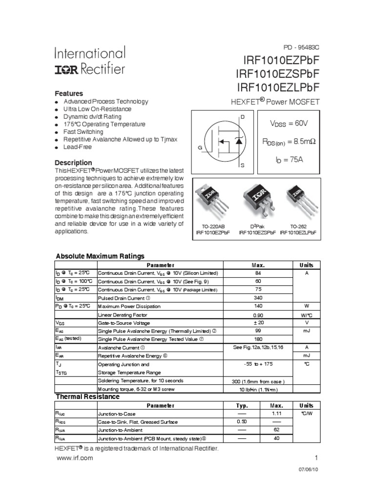 Irf1010 Datasheet | PDF | Field Effect Transistor | Diode