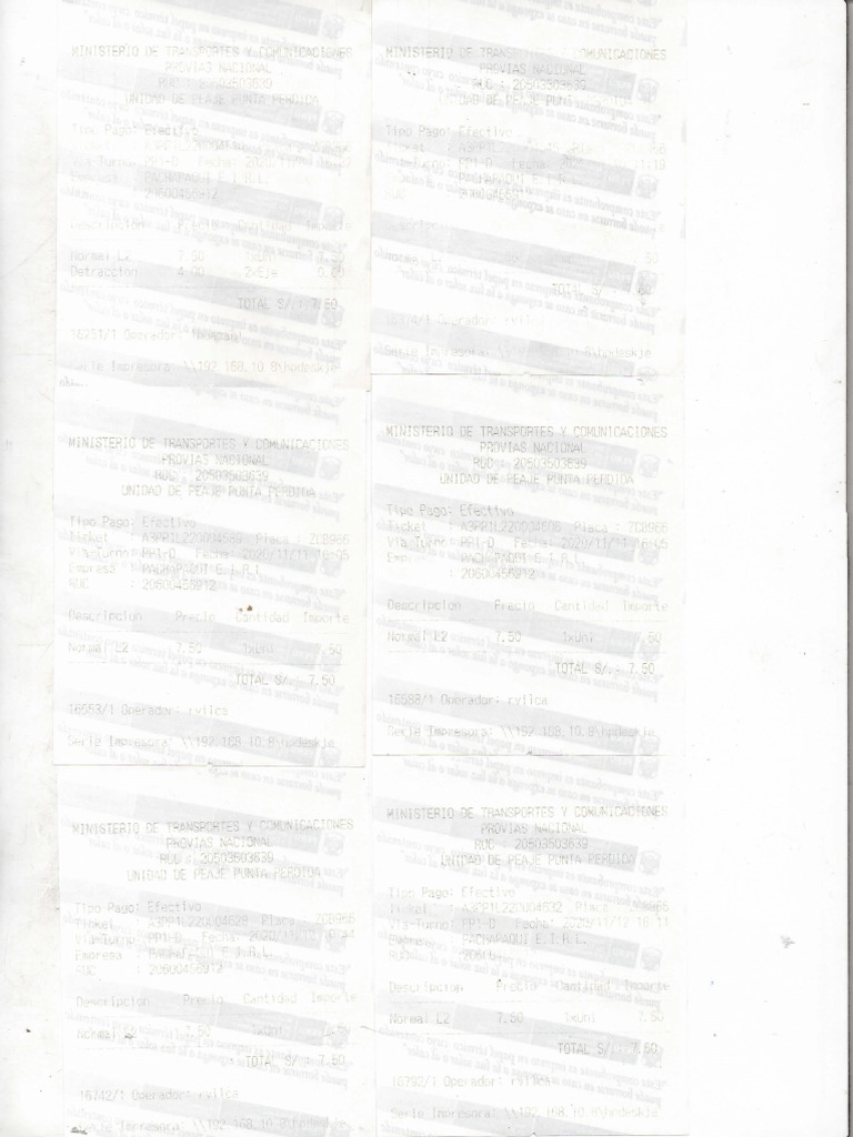 Modelo de Boleta de Peajes - Peru | PDF