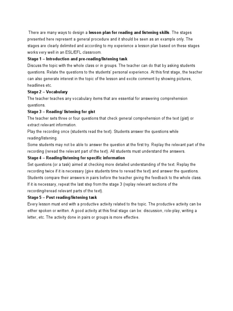 ESL/EFL Reading & Listening Lesson Plan | PDF
