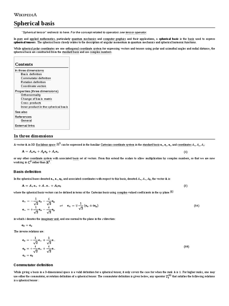 Spherical Basis: "Spherical Tensor" Redirects To Here. For The Concept Related To Operators See ...