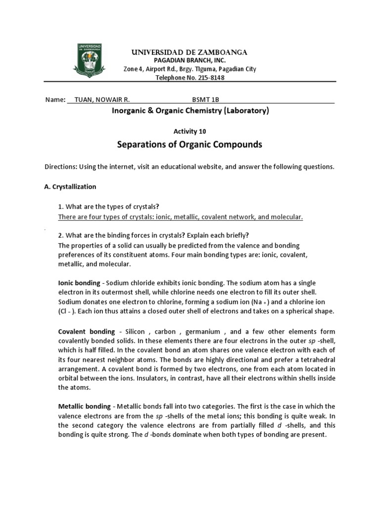 NOWAIR Inorg-Org-Chem-Lab-Activity-10-Separations-of-Organic-Compounds | PDF | Chemical Bond ...