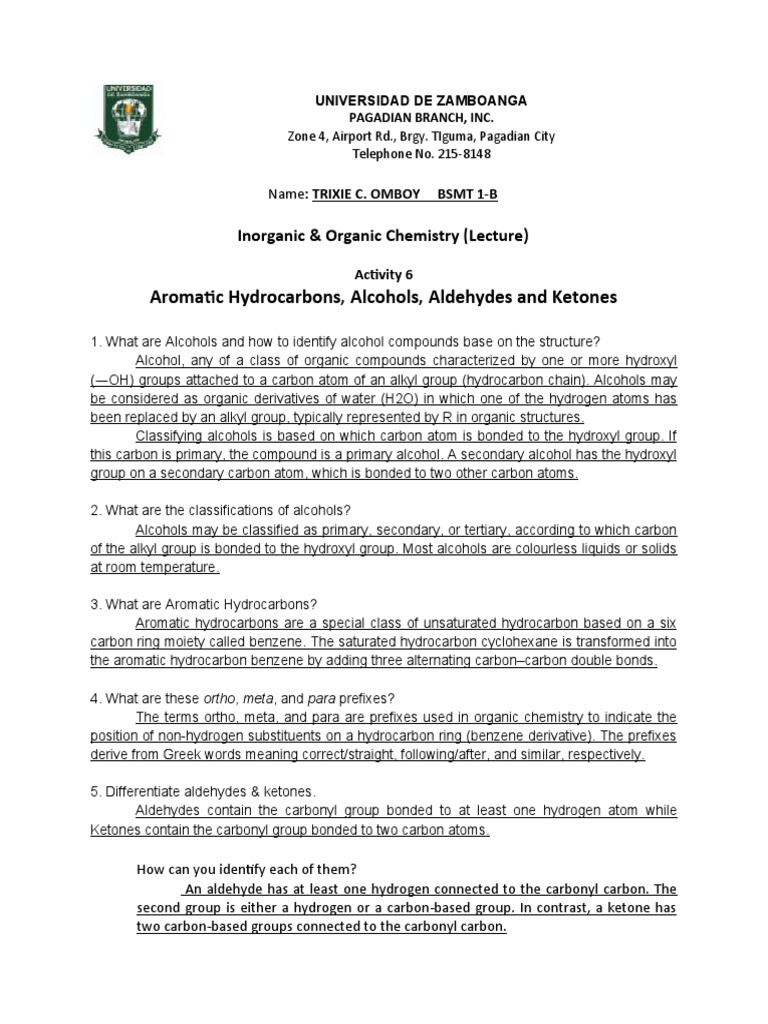 Aromatic Hydrocarbons, Alcohols, Aldehydes and Ketones: Inorganic ...