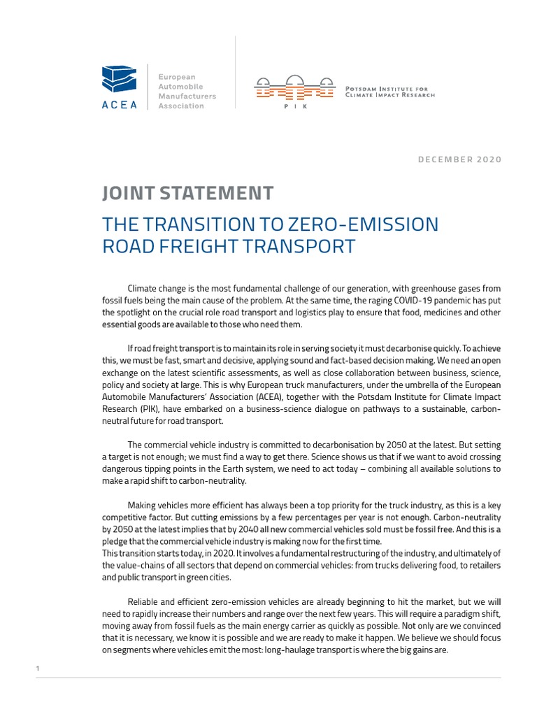 Acea Pik Joint Statement The Transition To Zero Emission Road Freight ...