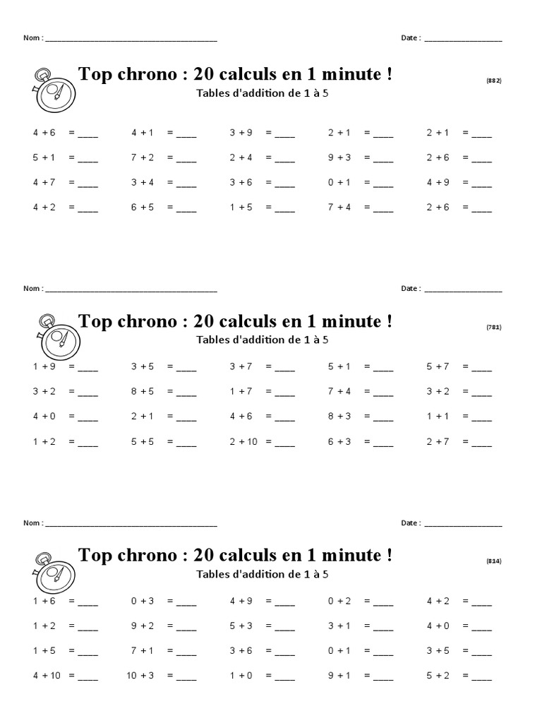 Top Chrono: 20 Calculs en 1 Minute !: Tables D'addition de 1 À 5 | PDF