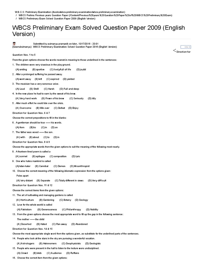 WBCS Preliminary Exam Solved Question Paper 2009 (English Version ...