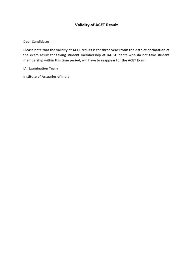ACET Result Validity Guidelines | PDF