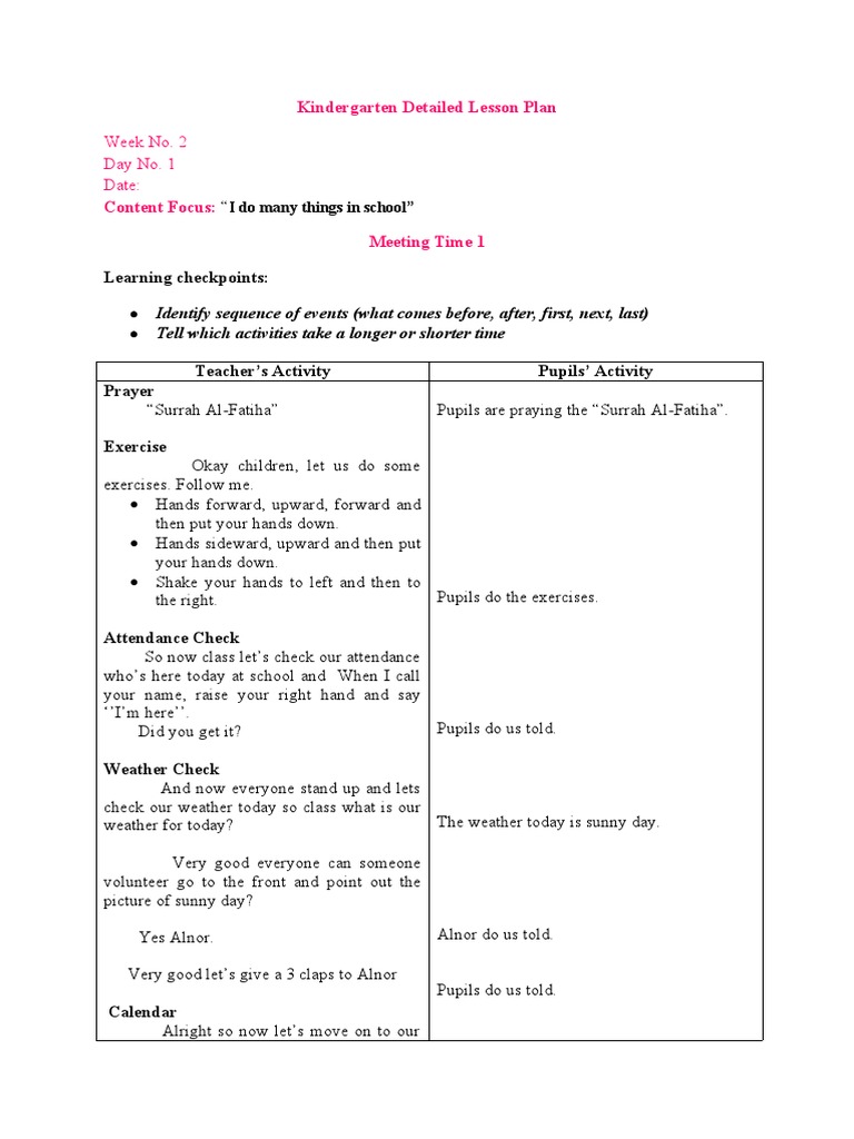 Week No. 2 Day No. 1 Date:: Kindergarten Detailed Lesson Plan | PDF ...