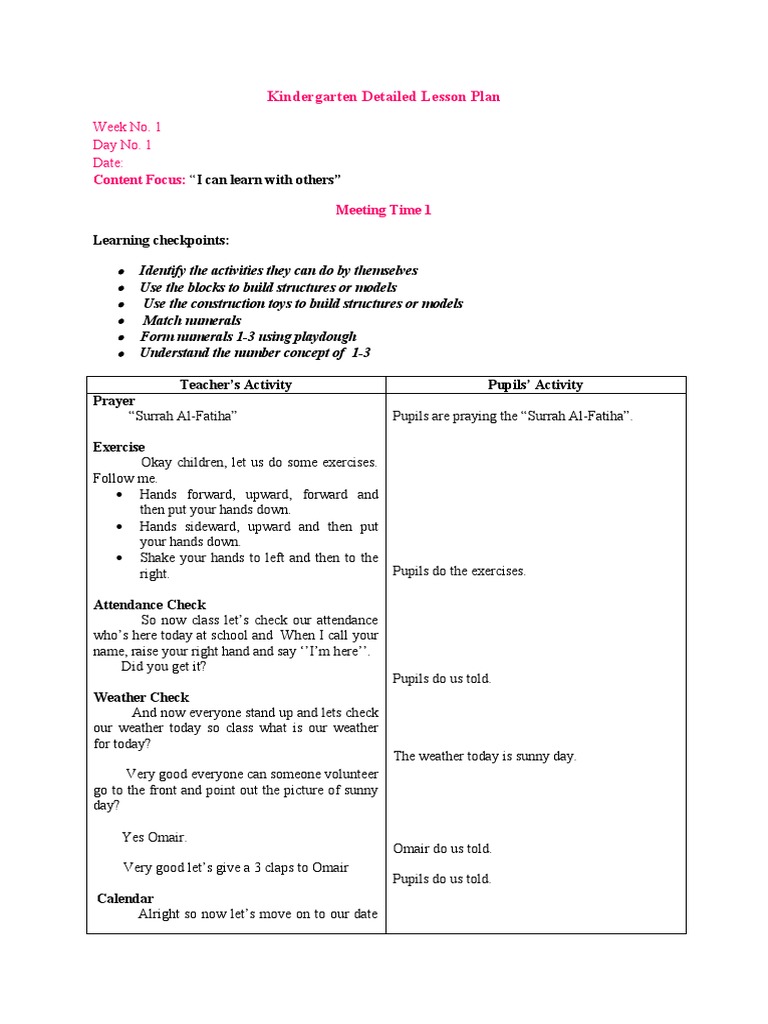 Kindergarten Detailed Lesson Plan: Week No. 1 Day No. 1 Date | PDF