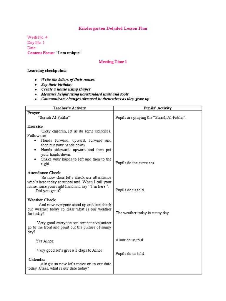Kindergarten Detailed Lesson Plan: Week No. 4 Day No. 1 Date | PDF