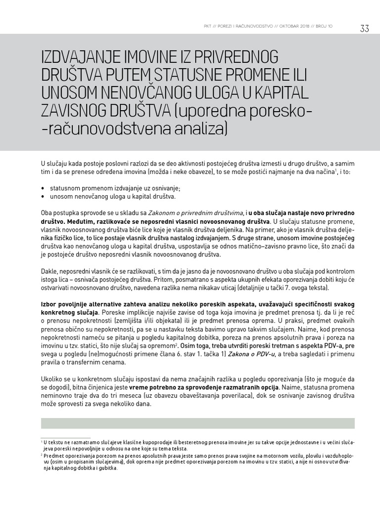 Izdvajanje Imovine Iz Privrednog Drustva Putem Statusne Promene Ili ...