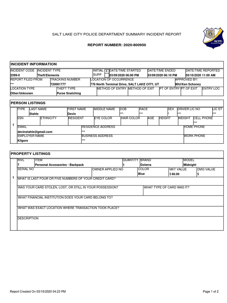 Salt Lake City Police Department Summary Incident Report | PDF | Business