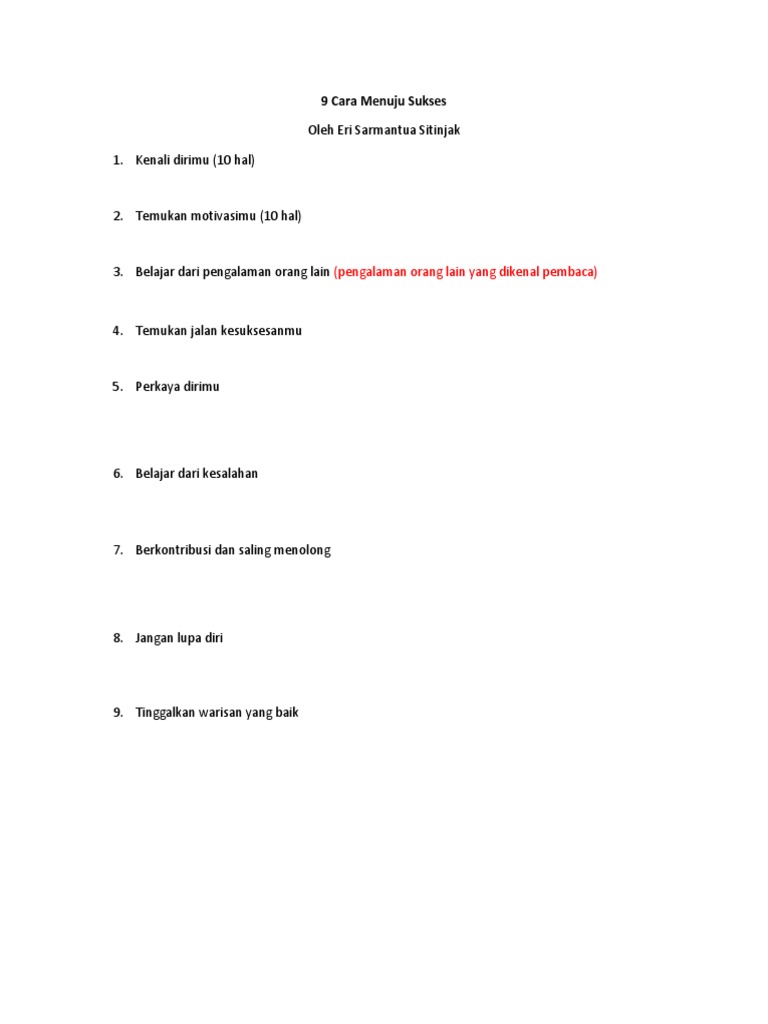 9 Cara Menuju Sukses - Eri S | PDF