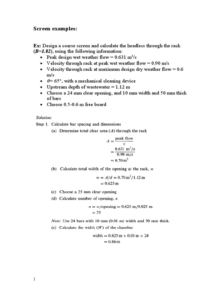 Screen Examples:: Ex: Design A Coarse Screen and Calculate The Headless ...