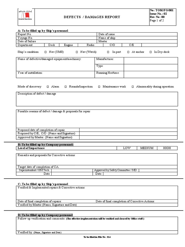 TOM-FO-001-Defects-Damages Report | PDF | Ships