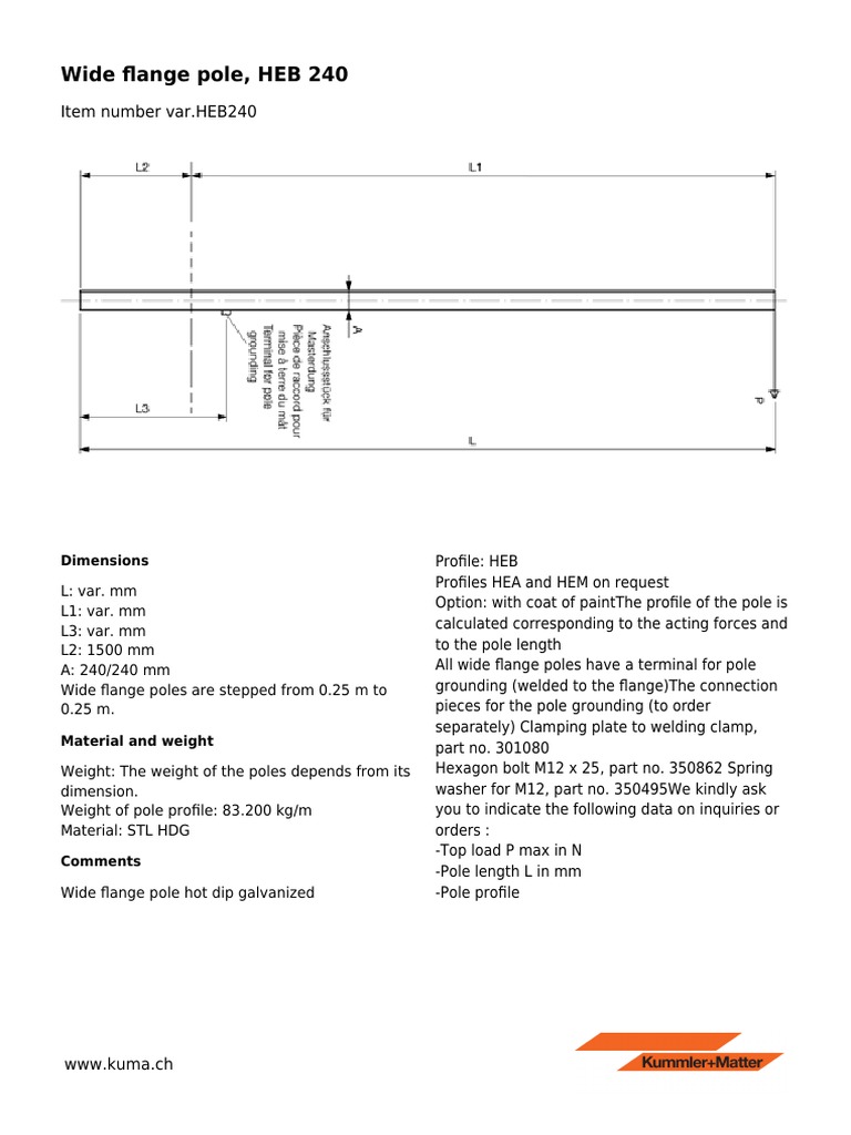 Wide Ange Pole, HEB 240: Item Number Var - HEB240 | PDF