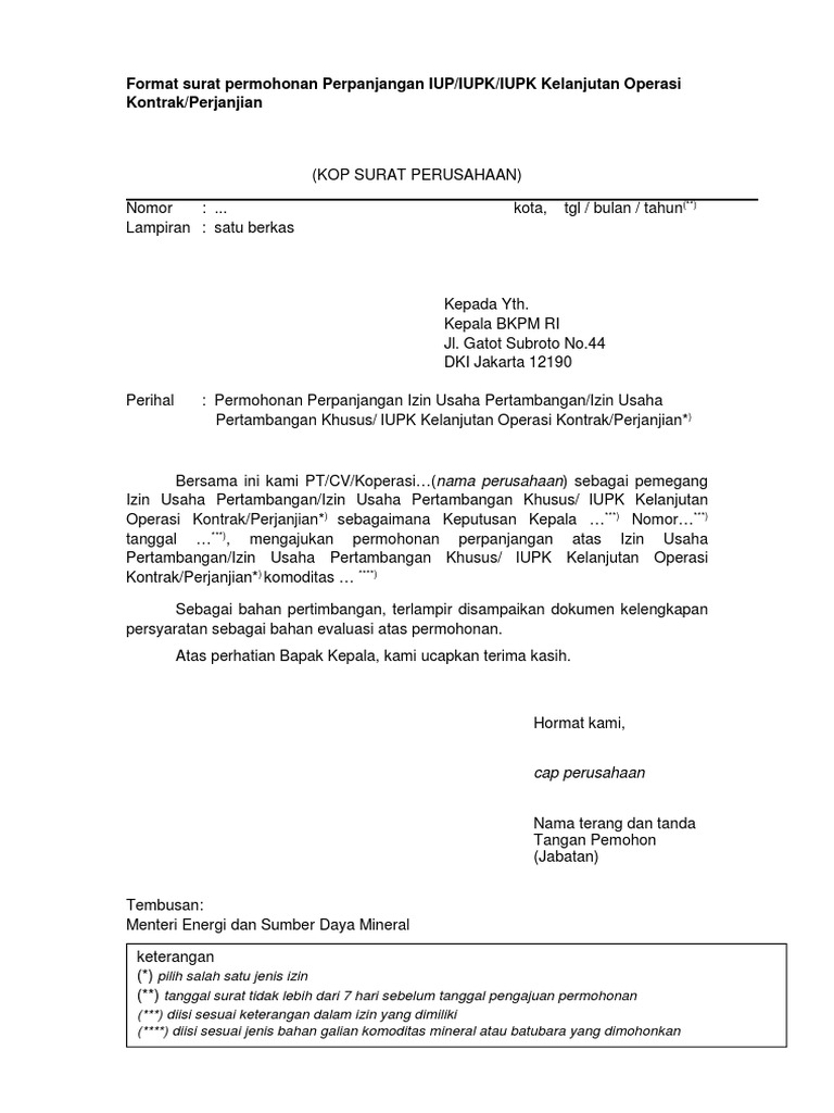 Format Surat Permohonan Perpanjangan IUP IUPK IUPK Kelanjutan Operasi ...