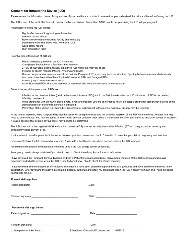 Consent For Intrauterine Device (IUD) : Consult Visit Sign Here | PDF ...