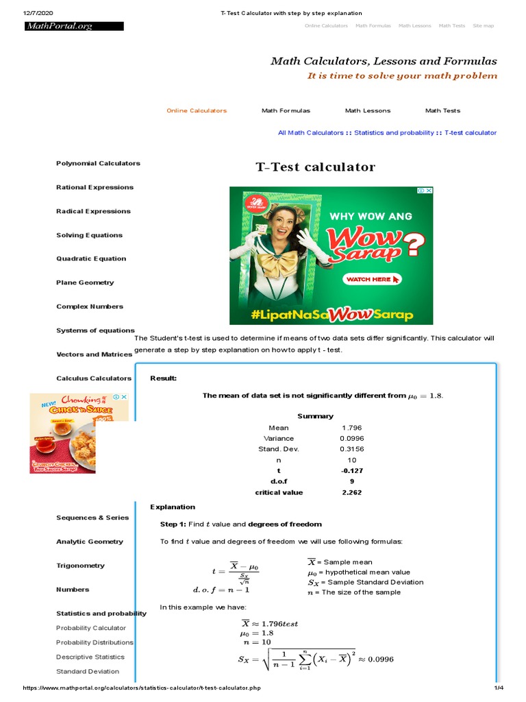 T-Test Calculator With Step by Step Explanation | PDF | Degrees Of ...