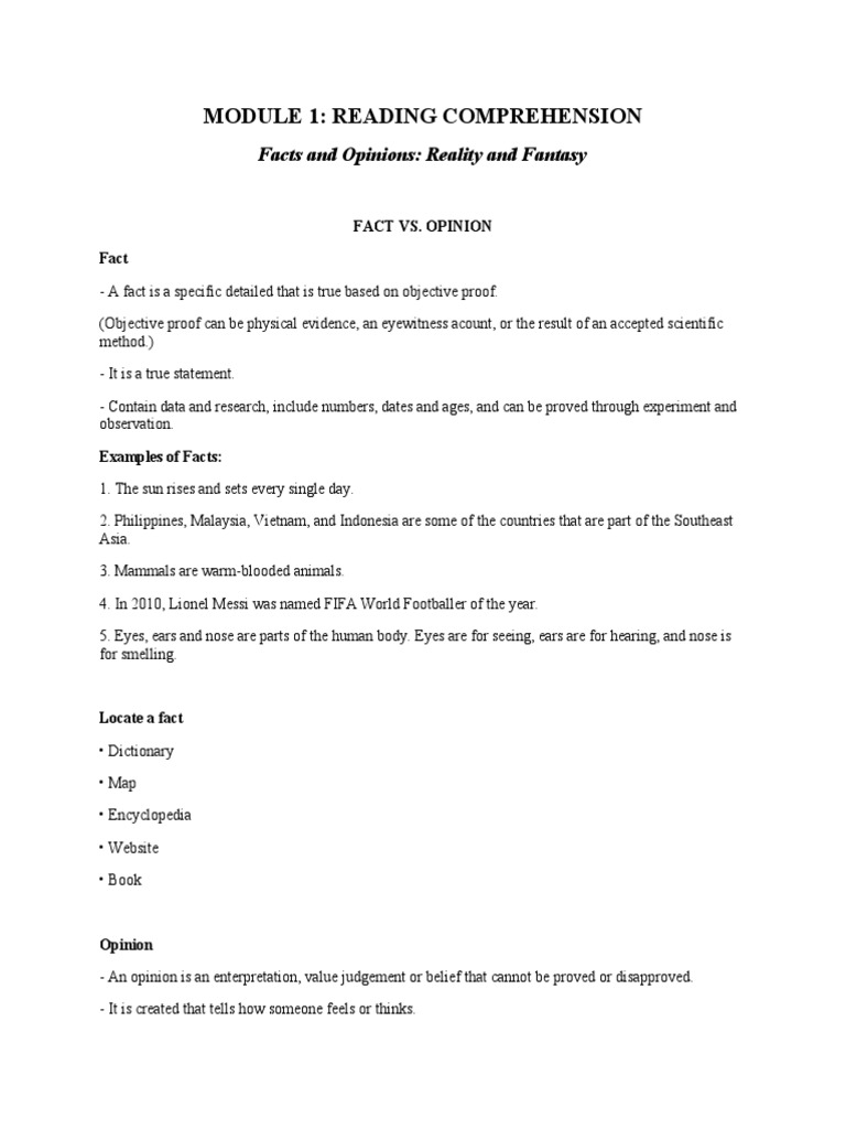 Reading Comprehension Facts vs. Opinions, Summarizing, Figures of ...