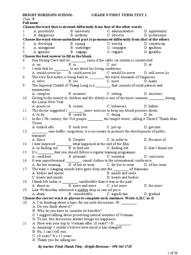 Grade 9 First Term Tests - Revision | PDF | Hue | Valentine's Day