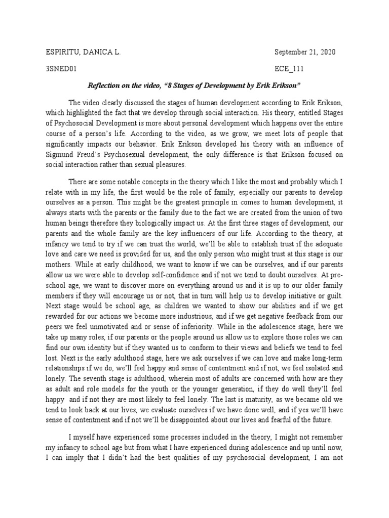 Reflection On The Video, "8 Stages of Development by Erik Erikson ...