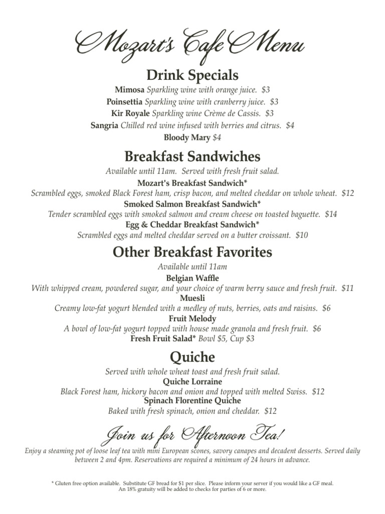 Mozart's Cafe Menu: Join Us For Aftern N Tea! | PDF