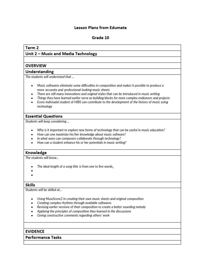 Grade 10 Music & Tech Lesson Plans | PDF | Musical Compositions | Sheet ...