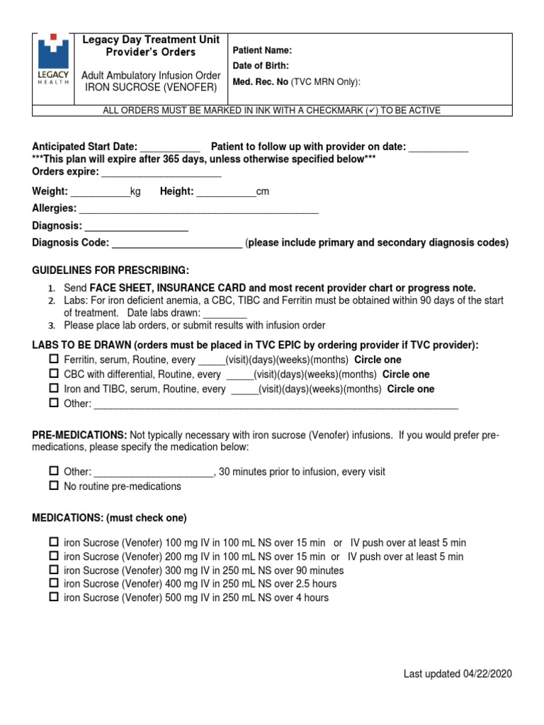 Legacy Iron Infusion Orders | PDF | Intravenous Therapy | Pharmacology
