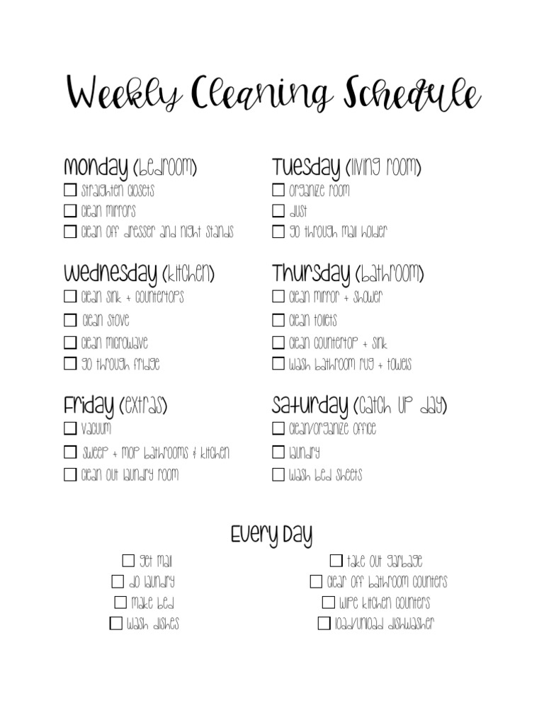 Weekly Cleaning Schedule: Monday (Bedroom) Tuesday (Living Room) | PDF ...