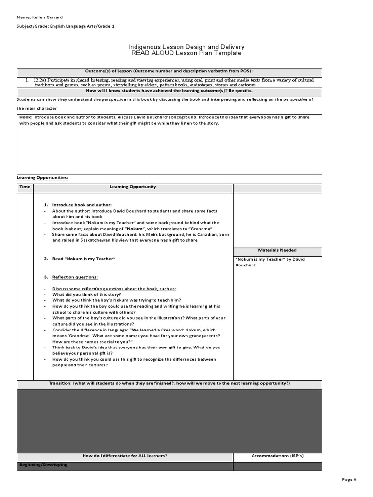 Indigenous Lesson Design and Delivery READ ALOUD Lesson Plan Template ...