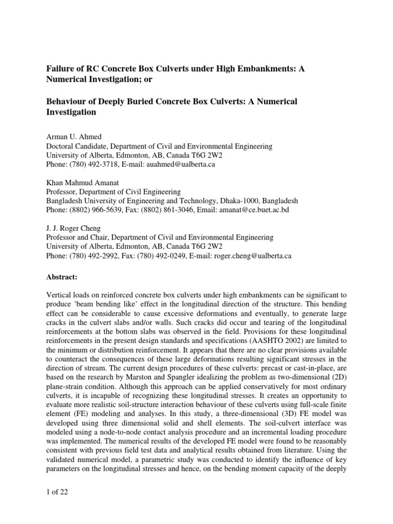 Failure of RC Box Culverts Under High Embankments - ASCE - Final | PDF ...