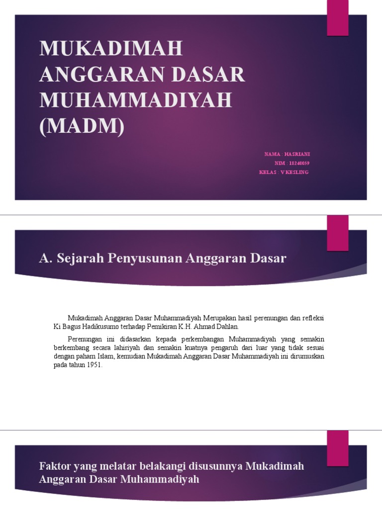 Mukadimah Anggaran Dasar Muhammadiyah (MADM) : Nama: Hasriani NIM ...