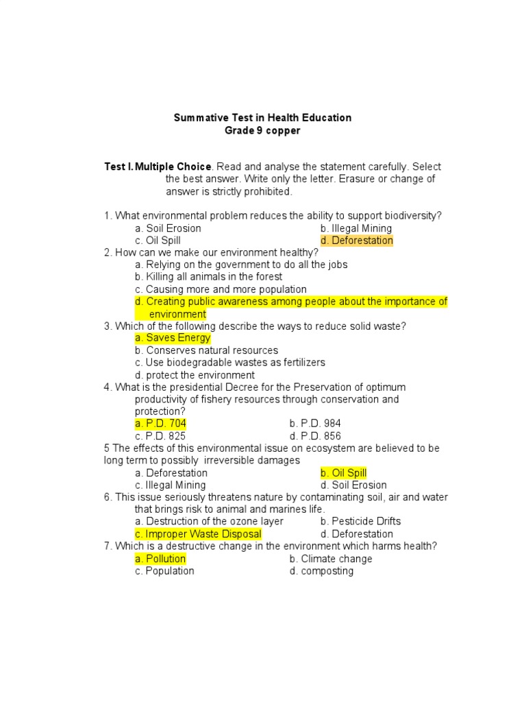 Grade 9 Environmental Health Test | PDF | Habitat Destruction | Waste