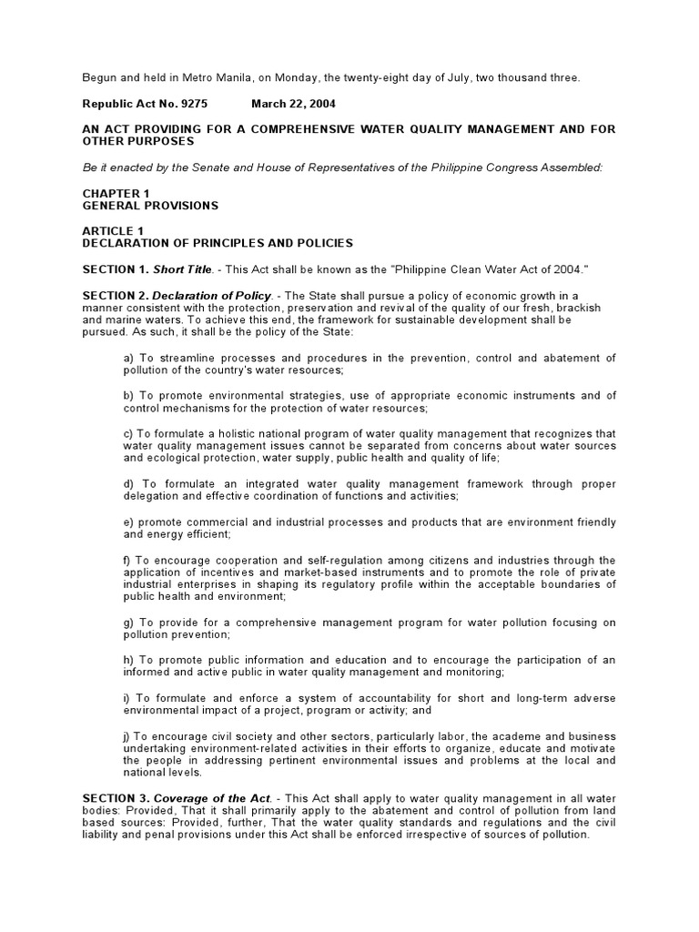 PHILIPINE CLEAN WATER ACT OF 2004 (RA No. 9275) | PDF | Water Pollution ...