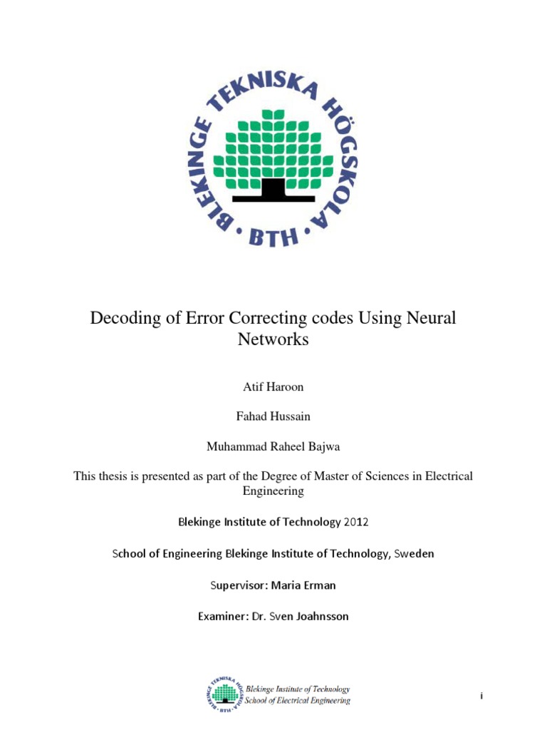 Decoding of Error Correcting Codes Using Neural Networks | PDF | Code | Computer Data Storage