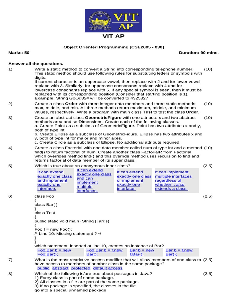Vit Ap: Object Oriented Programming (CSE2005 - 030) Marks: 50 Duration: 90 Mins. Answer All The ...