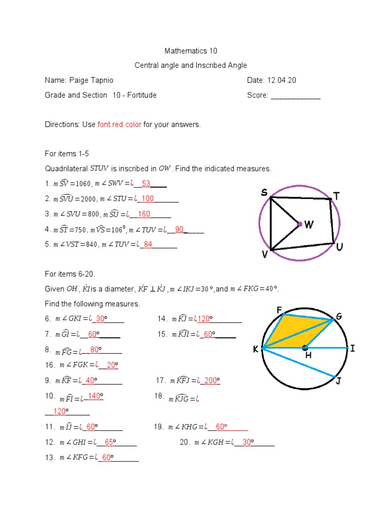 Central and Inscribed Angles Worksheet | PDF | Teaching Methods ...