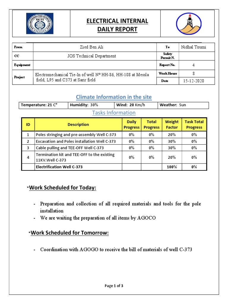 Electrical Daily Report 15-12-2020 | PDF | Electrical Engineering | Weather