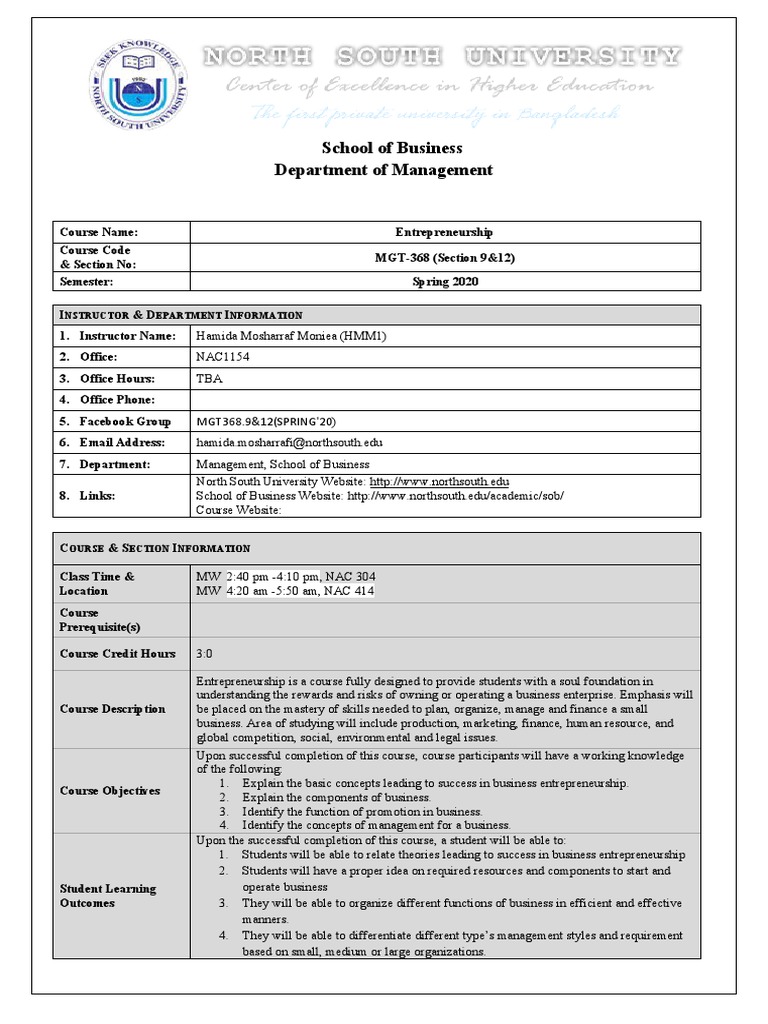 MGT 368 Course Outline | PDF | Entrepreneurship | Special Education