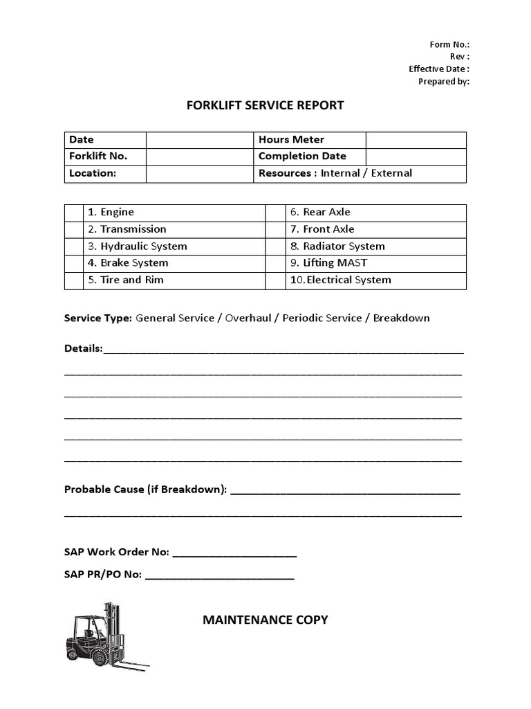 Forklift Service Report: Form No.: Rev: Effective Date: Prepared by | PDF