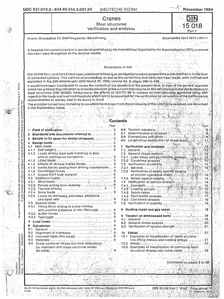 DIN 15018-1 Cranes. Steel Structures Verification and Analysis PDF ...