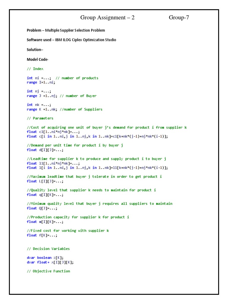 CPLEX Model For Multiple Supplier Selection | PDF | Systems Analysis | Mathematical Optimization