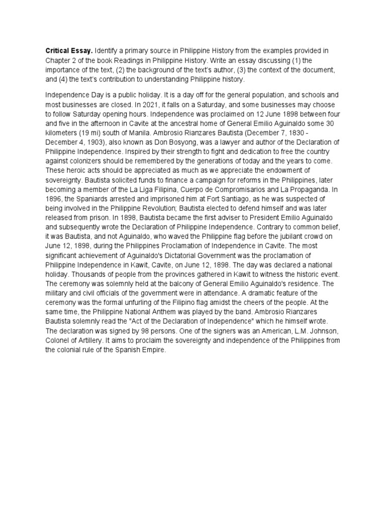 Critical Essay. Identify A Primary Source in Philippine History From ...